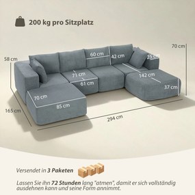 HOMCOM rohová modulární sedačka U‑tvar s rozkladem, 294 × 165 × 70 cm — hluboká široká sedadla, čtyřmístná sedačka s nadýchanými sedáky, lněný vzhled…
