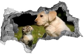 Wallmuralia Díra 3D fototapeta nálepka Pes a kočka na louce 95x73 cm