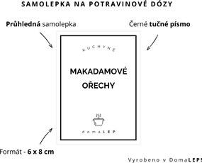 MAKADAMOVÉ OŘECHY - omyvatelná samolepka na dózu, výběr rozměrů Ø 5 cm / 5 x 5 cm / 6 x 8 cm | DomaLEP tvar: OBDÉLNÍK, barva: PRŮHLEDNÁ - ČERNÉ písmo, velikost: š. 6 cm x v. 8 cm - tučné písmo