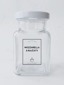 Samolepka na kořenky MOZZARELLA S RAJČATY průhledná 3 × 4 cm tučné písmo