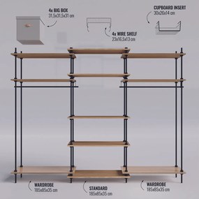 Otevřená šatní skříň v industriálním designu DECO s příslušenstvím, 185x235x35 cm