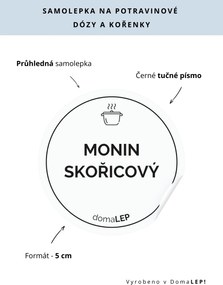 Samolepka na láhev MONIN SKOŘICOVÝ průměr 5 cm – průhledná vinylová, voděodolná, omyvatelná samolepka na dózy, tučné písmo
