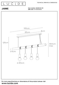 Lucide 08425/04/30 závěsné svítidlo Jaime, černé, 4xE27, 120cm