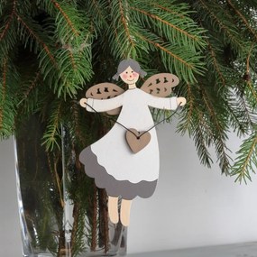Vánoční dekorace dřevěný závěsný anděl bílý 16cm