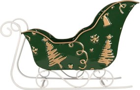Vánoční dekorace zelené kovové sáně se stromky - 35*15*23 cm