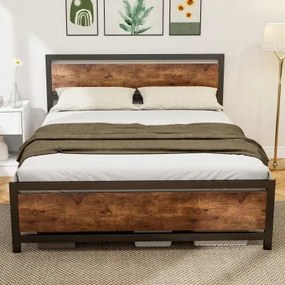 HOMCOM rám manželské postele 200 x 160 cm z oceli s roštem a čelem postele, kompatibilní s matrací tmavý dřevěný vzhled