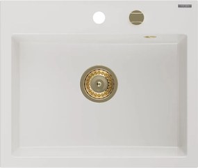 Mexen Oscar granitový dřez 1-komorový 580 x 490 mm, bílý, sifon zlatý - 6519581000-20-G