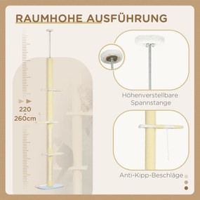 PawHut škrabadlo, kočičí škrabadlo stropní vysoké, 220-260 cm, šplhací strom s míčem na hraní, výškově nastavitelný kočičí strom, strom na hraní s oc…