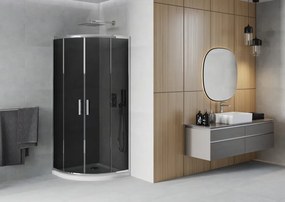 Mexen Rio, čtvrtkruhový sprchový kout s posuvnými dveřmi 80 x 80 cm, 5mm šedé sklo, chromový profil + bílá sprchová vanička, 863-080-080-01-40-4110