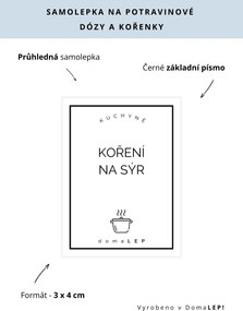 Samolepka na kořenky KOŘENÍ NA SÝR průhledná 3 × 4 cm základní písmo