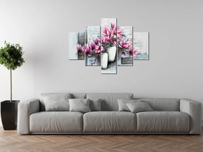 Gario Ručně malovaný obraz Růžové magnolie ve váze - 5 dílný Rozměry: 150 x 70 cm