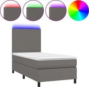 Box spring postel s matrací a LED šedá 90x200 cm umělá kůže 3135805