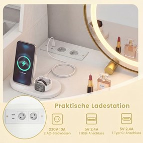 Costway Toaletní stolek s LED zrcadlem a taburetem a zásuvkami a s držáky