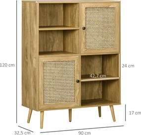HOMCOM Buffetová skříňka s nohami z dřeva a ratanu se 2 dveřmi a 4 přihrádkami - rozměry 90L x 32,5W x 120H cm
