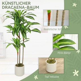 HOMCOM umělá rostlina Dracaena s ohebnými větvemi, bílý květináč (PP + cement) – listy PEVA, dřevěný kmen, 60 × 40 × 120 cm