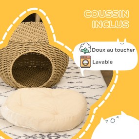 PawHut Kočka Dům Postel Kočičí Košík Dům v Obřím Střihu z Rattanu s Měkkým Polštářem Ø 40 x 30 cm světle hnědý | Aosom