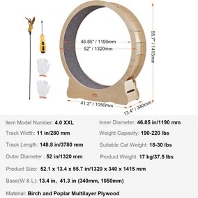 Cvičební kolo pro kočky, velké kolo pro kočky pro domácí kočky, 132,1 cm