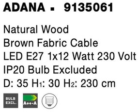 Nova Luce Závěsné svítidlo ADANA přírodní Dřevo hnědý textilní kabel E27 1x12W