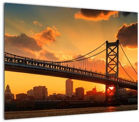 Skleněný obraz - Západ slunce nad mostem Bena Franklina, Filadelfie (70x50 cm)