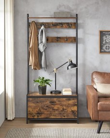 Věšák s úložným prostorem na boty, předsíňová stěna s lavicemi, 85x30x180cm, rustikální hnědá a černá