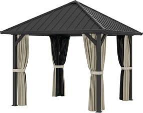 Pavilon Outsunny s tvrdou střechou, cca 3x3m, voděodolný, odolný vůči zimním podmínkám, zahradní pavilon s moskytiérou, bočními panely, kovový zahradn