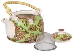 Porcelánová konvička na čaj se sítkem se zeleným kašmírovým motivem – 800 ml