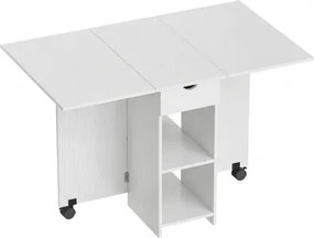 HOMCOM skládací stůl do kuchyně s kolečky, sklápěcím křídlem, zásuvkou a policemi pro 2-4 osoby 120x72x75 cm Bílá