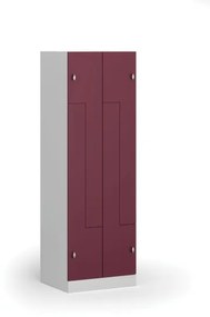 Kovová šatní skříňka Z, 4 oddíly, 1850 x 600 x 500 mm, otočný zámek, červené dveře