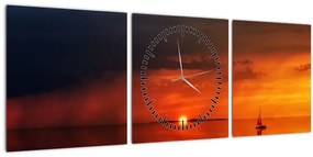Obraz západu slunce s plachetnicí (s hodinami) (90x30 cm)
