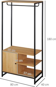 HOMCOM Stojan na oblečení se stylem průmyslového designu, skříň s vnitřní policí a 2 otevřenými bočními kompartmány, 80x40x180cm, přírodní