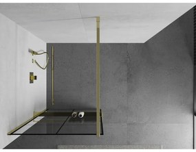 Mexen Kioto+, sprchová zástěna s poličkou a držákem na ručníky 80 x 200 cm, 8mm čiré sklo vzor černý, zlatý profil, 800-080-121-50-77