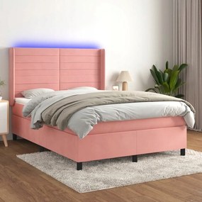 Box Spring Postel S Matrací A Led Samet Růžová vodorovné pruhy 140 x 190