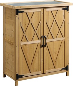 Outsunny Venkovní Dřevěná Úložná Skříň 0,24 m² 75x40x90 cm Zahradní Domek s 2 Dveřmi, 4 Policemi a Pozinkovanou Střechou pro Úložný Prostor Nářadí