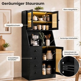 Costway 163 cm dřevěná kuchyňská skříň bufetová s pracovní deskou LED osvětlením