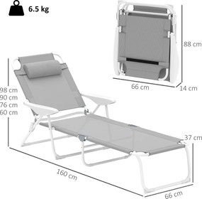 Lehátko skládací zahradní lehátko s polštářem pod hlavu, lehátko se čtyřsměrně nastavitelným opěradlem do 120 kg Světle šedá barva