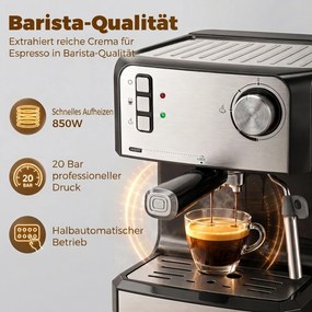 HOMCOM Espresso stroj, 20-bar kávovar s tryskou na našlehání mléka, 1,6 l nádrž na vodu, černý