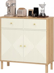HOMCOM Bufet, rýhovaný úložný nábytek s deskou v dubovém vzhledu, 2 zásuvky, 2 dveře, nastavitelná police, 77x30x80 cm, krémová