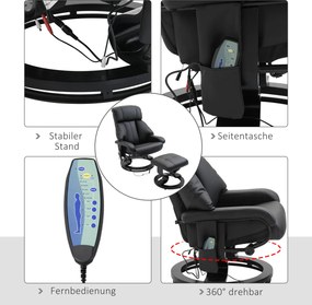 Televizní křeslo HOMCOM s funkcí polohování, hluboké čalounění, vysoký opěrák a područky, otočné o 360°, imitace kůže, 76L x 80W x 102H cm, černá