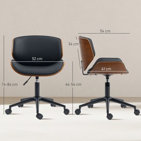 HOMCOM mid-century kancelářská židle bez područek — ergonomická, výškově nastavitelná, 360° otočná, PU, černá/ořech