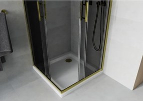 Mexen Rio, čtvercový sprchový kout s posuvnými dveřmi 70 (dveře) x 70 (dveře) x 190 cm, 5mm šedé sklo, zlatý profil + bílá sprchová vanička SLIM, 860-070-070-50-40-4010G
