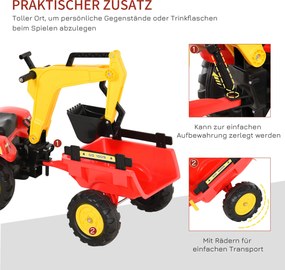 HOMCOM Šlapací traktor s přívěsem a čelním nakladačem, šlapací bagr pro děti od 3 let, červený, 179 x 42 x 59 cm, ideální pro zábavu a hry | Aosom.de