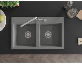 Mexen Hektor, 2-komorový granitový dřez 800x480x205 mm, šedá, chromový sifon, 6521802000-71