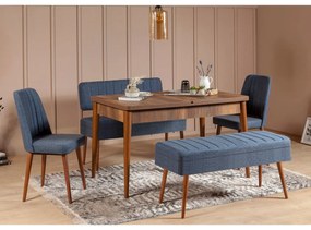 Rozkládací jídelní stůl se 2 židlemi a 2 lavicemi Vlasta (ořech + tmavě modrá). 1073080