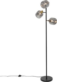 Stojací lampa černá se zlatem a kouřovým sklem 3-světlo - Zuzanna