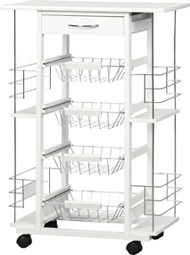 HOMCOM Kuchařský vozík na kolečkách s dlažkou a zásuvkou, 4 kovové košíky a 4 boční stojany na kořenky pro jídelnu, 57x37x83 cm Bílý
