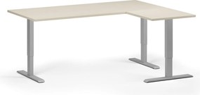 Rohový výškově nastavitelný stůl, 180x140 cm, 3 motory, L/P, šedá podnož, bříza