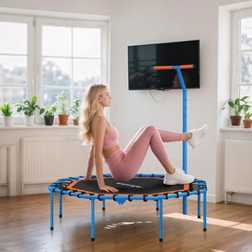 Fitness trampolína, tréninková trampolína s nastavitelnou rukojetí, stabilní a tichá, pro interiér, ocel, modrá barva