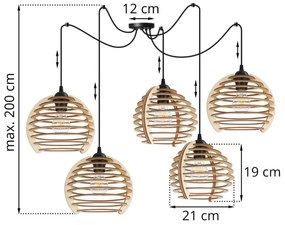 Závěsné svítidlo TIMBER SPIDER, 5x dřevěné stínítko, N