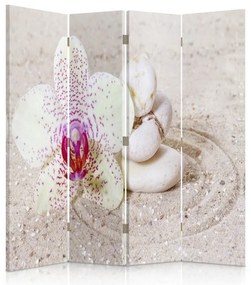 Ozdobný paraván Béžové zenové květiny - 145x170 cm, čtyřdílný, klasický paraván