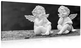 Obraz dvojice malých andělů v černobílém provedení - 120x60 cm